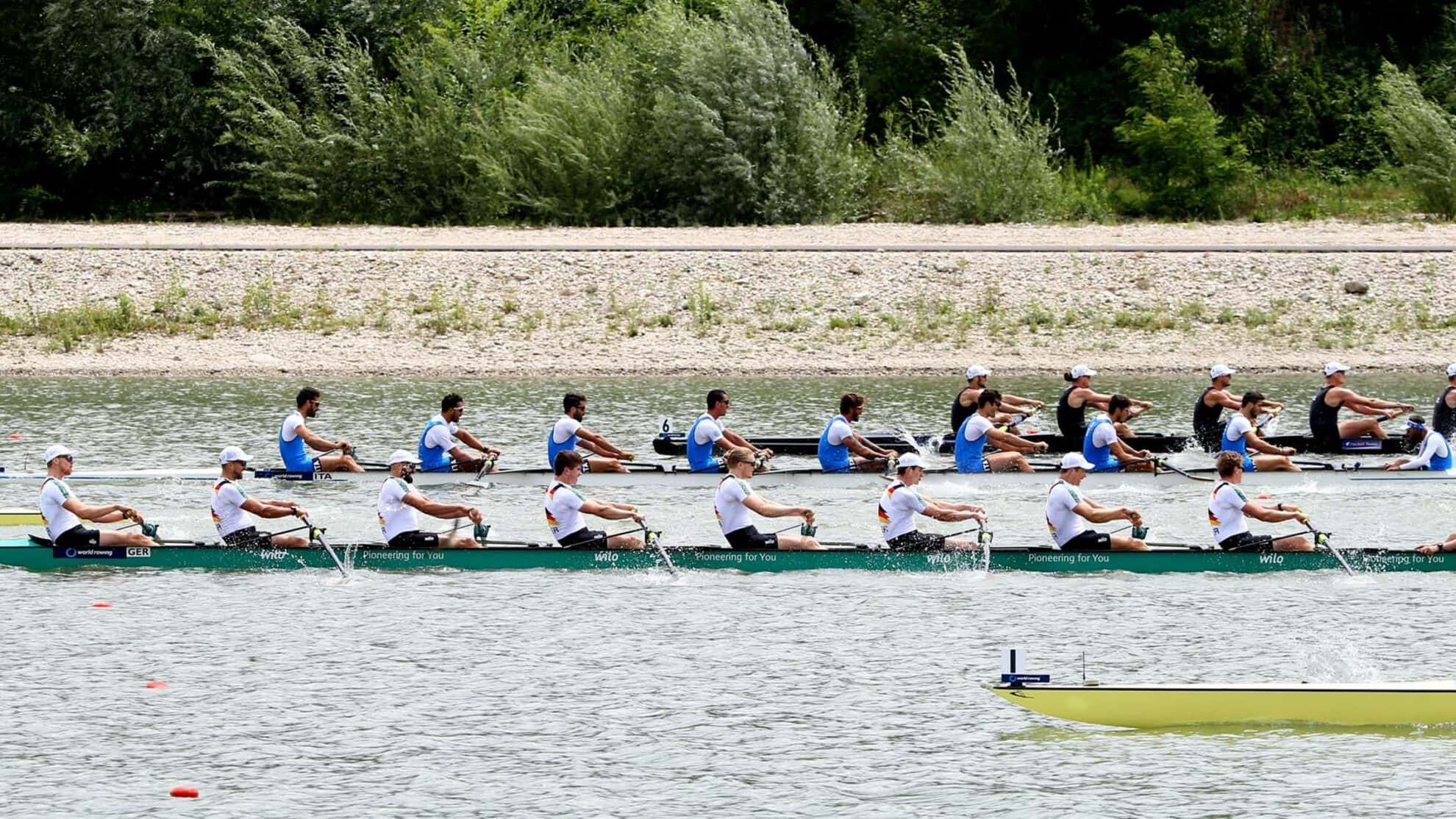 Shining on a cool day of finals at World Rowing Cup, Linz-Ottensheim ...