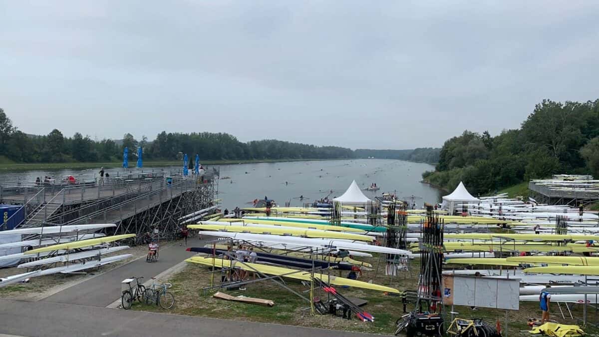 A busy boat park at the 2019 World Rowing Championships